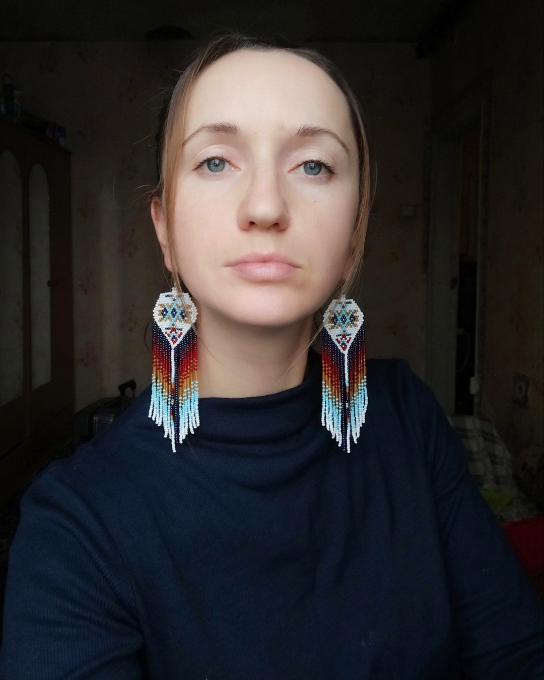 Blue & Brown Native America Style Bead Earring, Long Beaded Native ...