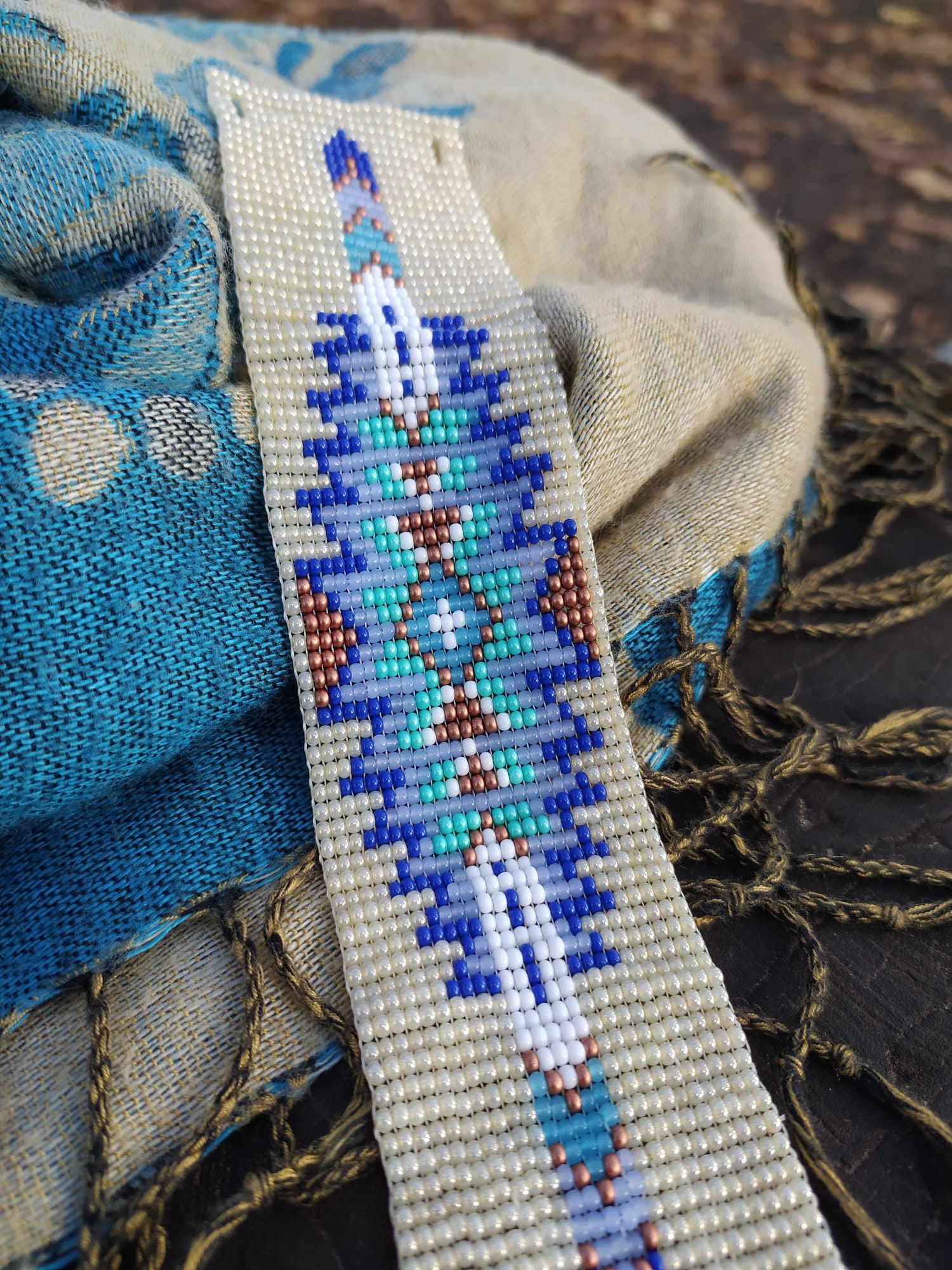 Cherokee Style Beige Old Tribes Pattern Cuff Bracelet, Unisex Bead Loom ...
