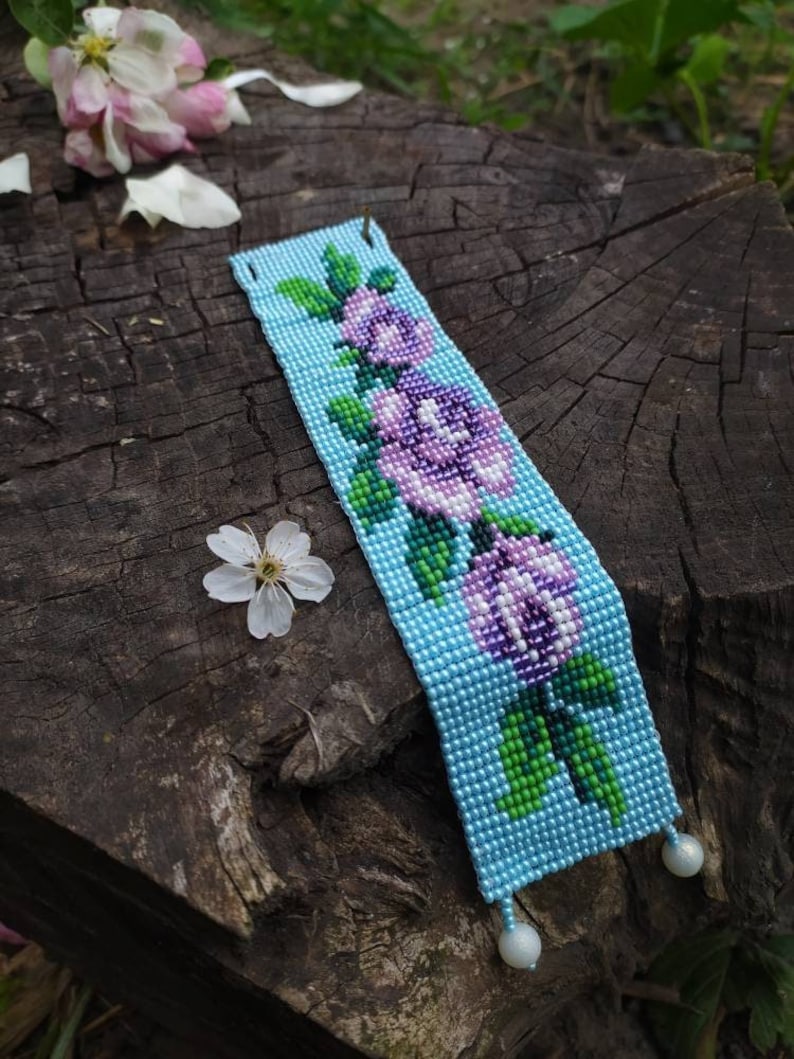 Purple Roses on Sky Blue Background Bracelet Violet Roses - Etsy