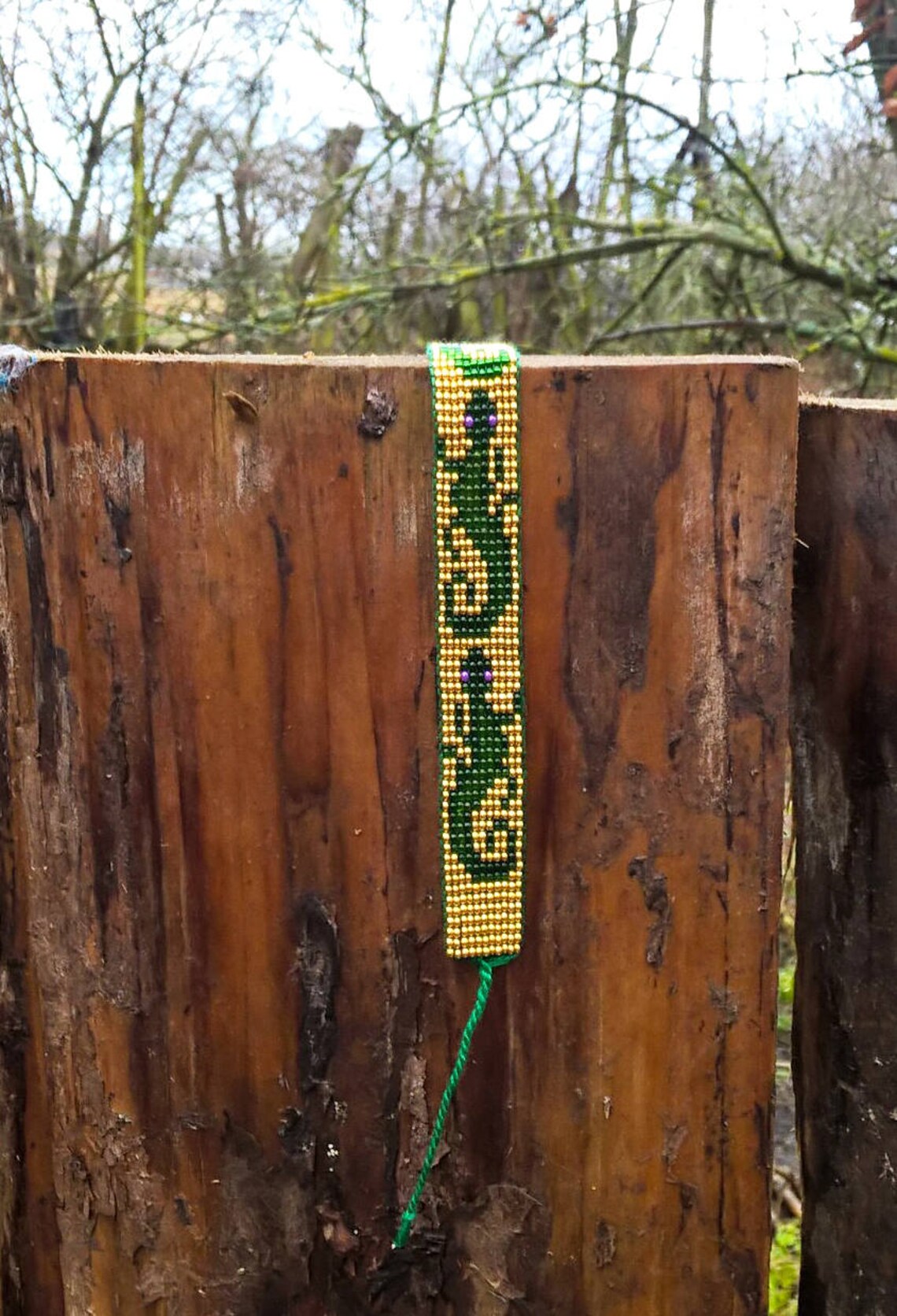 Salamander Bracelet, Gold Beaded Bracelet, Green Geko Bracelet, Loom ...