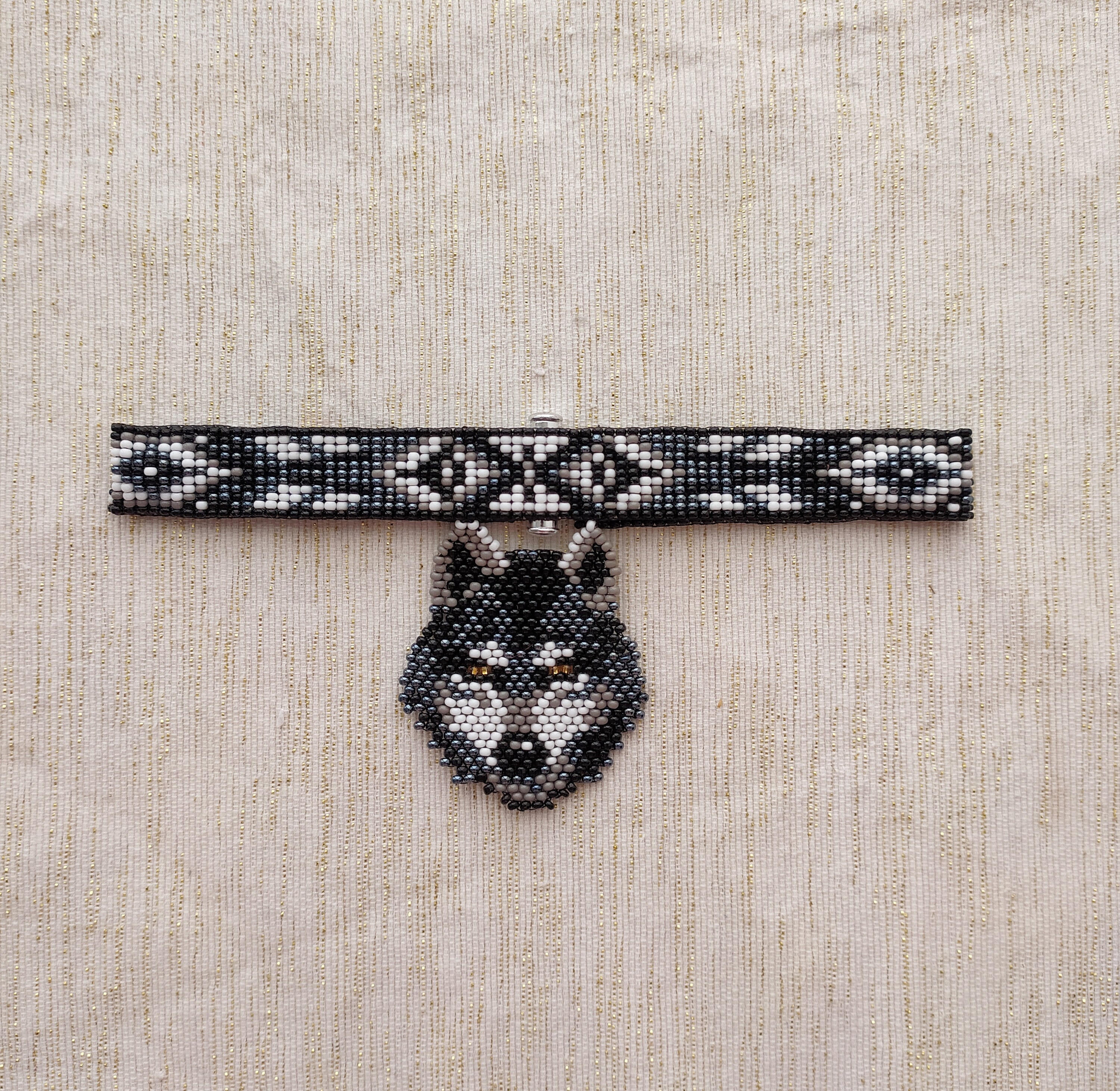 Beaded Wolf Head Choker, Handmade Black & Gray Bead Choker, Native ...
