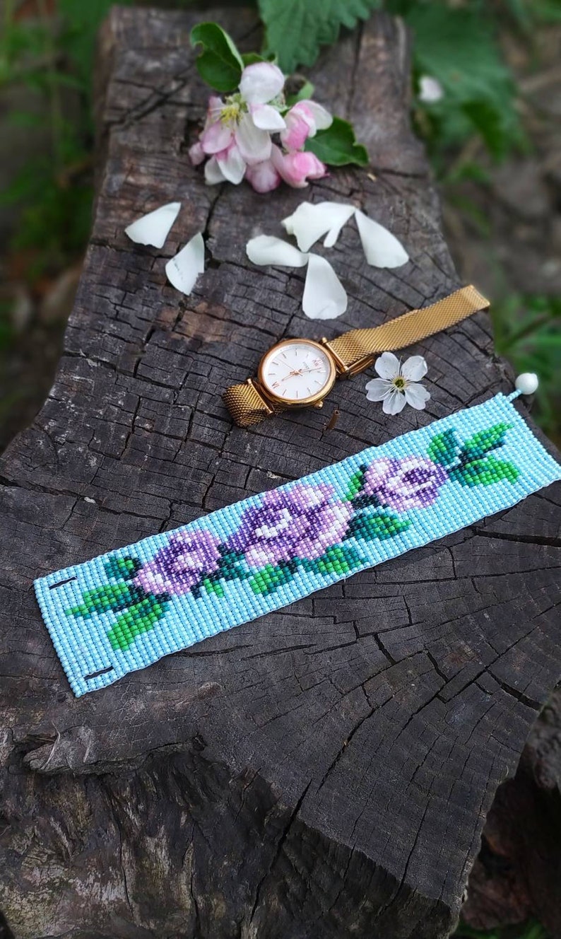 Purple Roses on Sky Blue Background Bracelet Violet Roses - Etsy