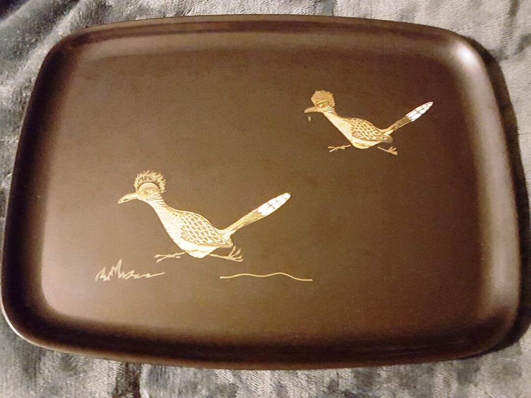 Couroc "roadrunner" Vintage Tray Hand Inlay Black Platter - Etsy