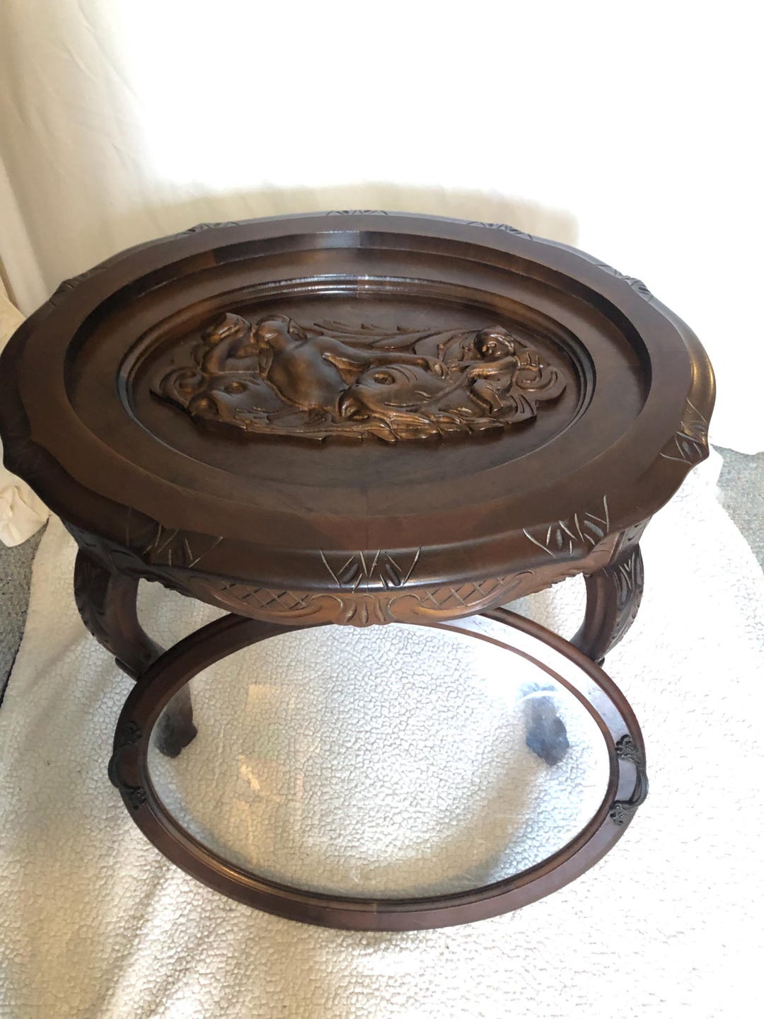 Antique Mahogany Tea / Butler Table With Nautical Fish Riding Cherub ...
