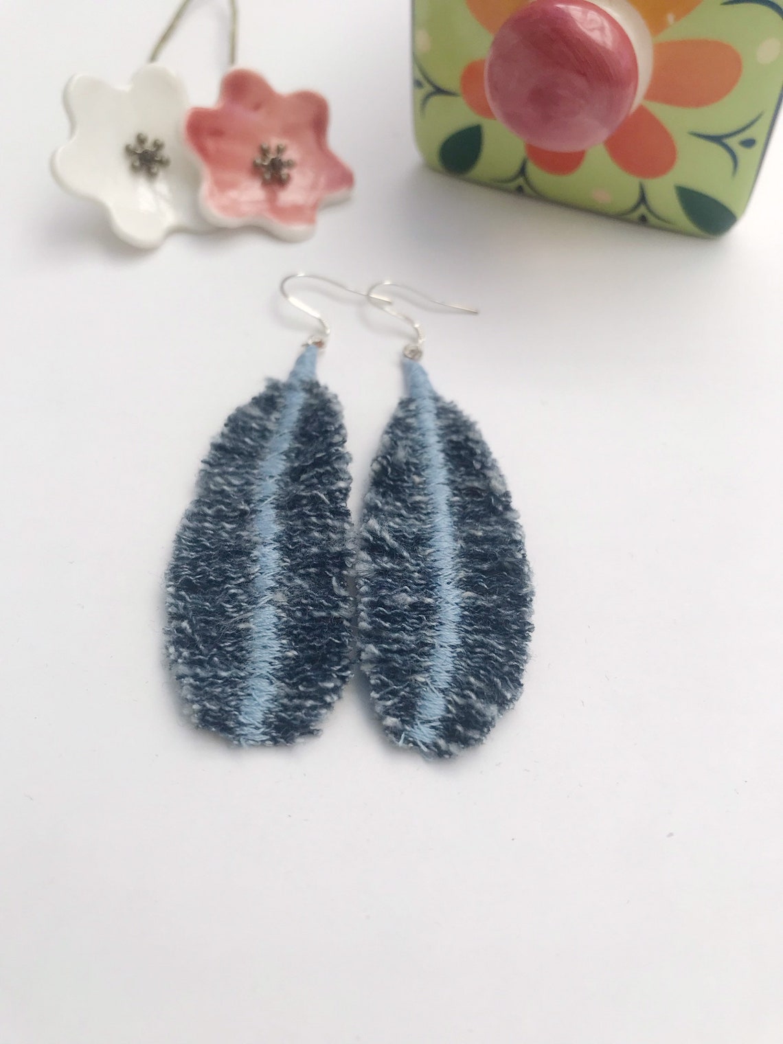 Denim Feather Earrings | Etsy