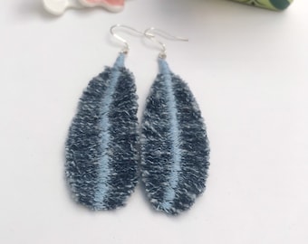 Fabric Earrings With Antique Bronze Feather Charm Denim Jewelry ...