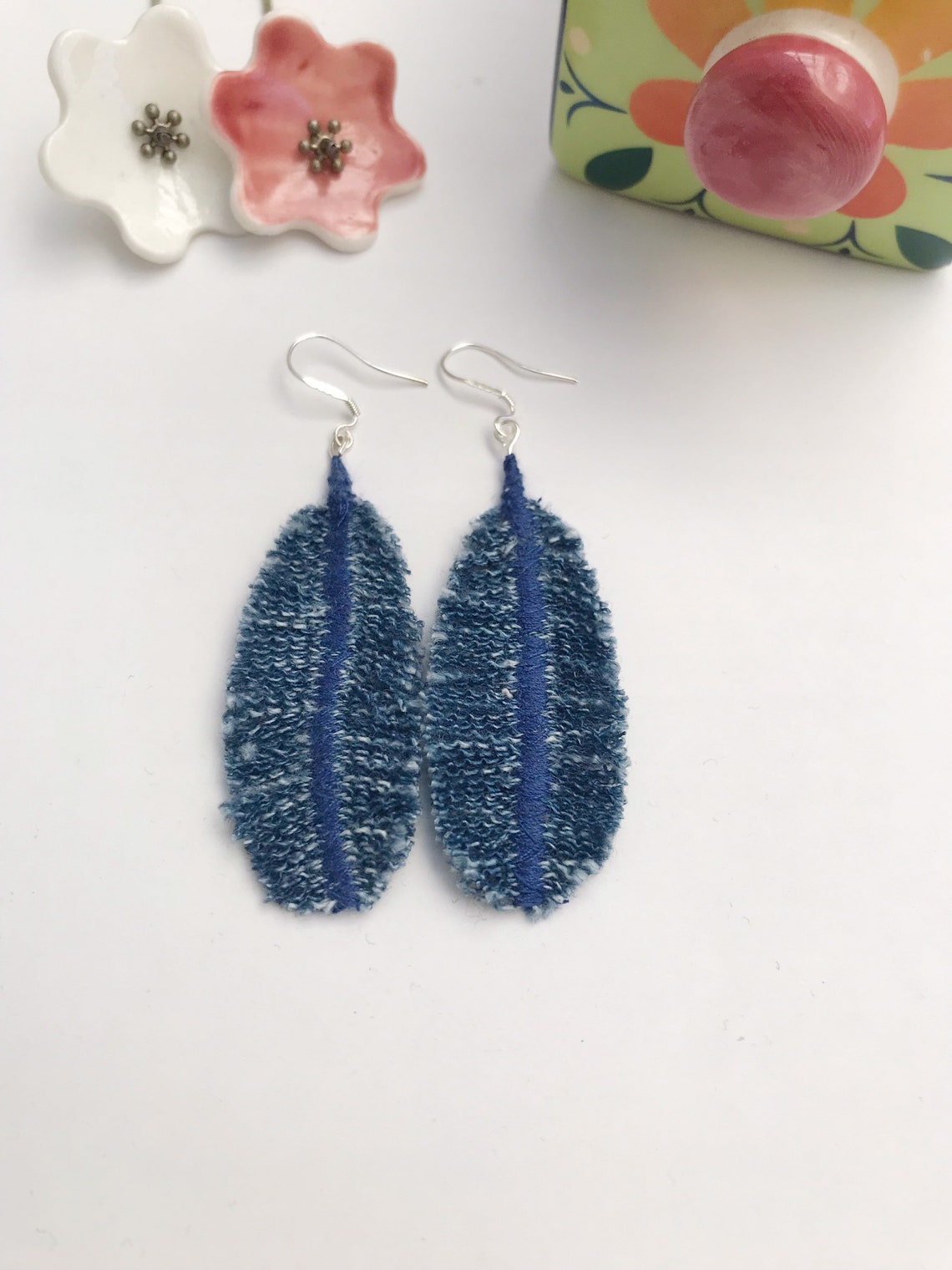 Denim Feather Earrings - Etsy