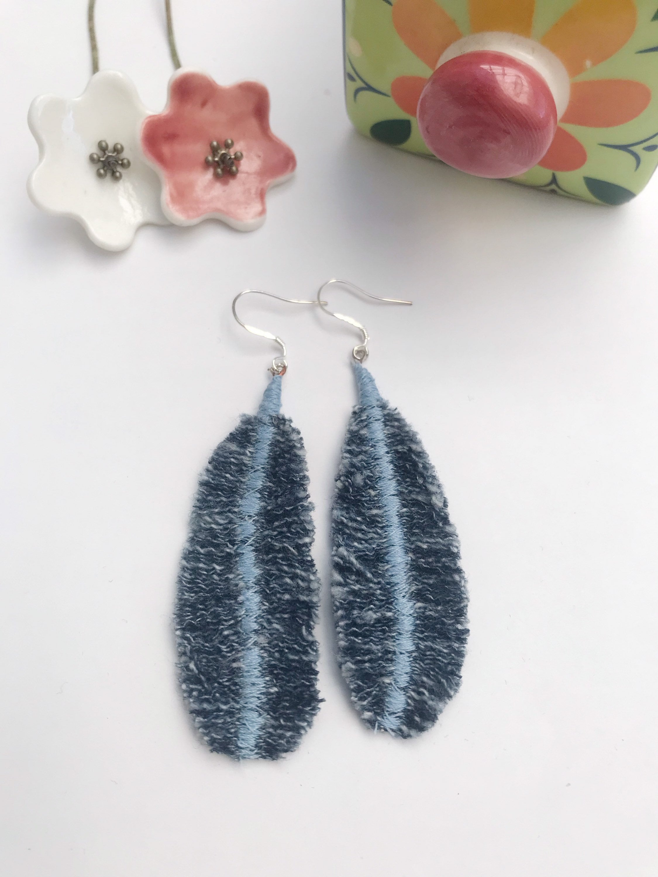 Denim Feather Earrings - Etsy