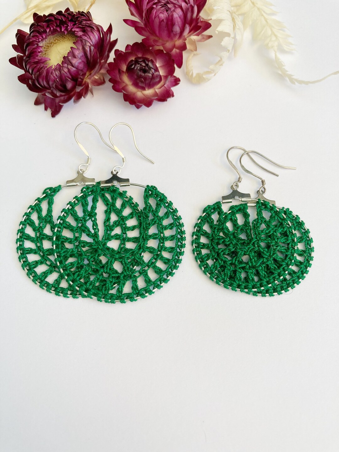 Dark Green Crochet Hoop Earrings, Crochet Earrings, Crochet Jewelry ...