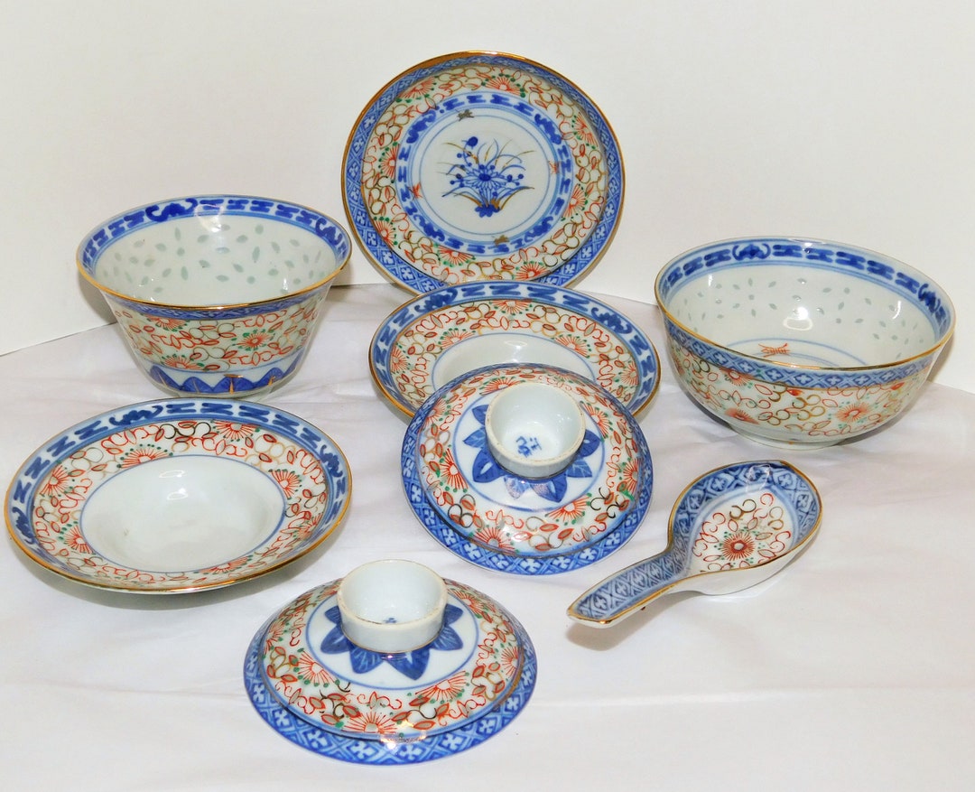8 Pc Wanyu Porcelain Blue & White Chinese Rice Grain China W/ Flower ...