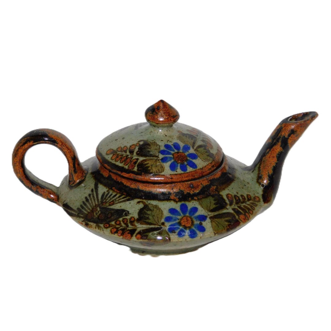 Mexican Art Pottery GENIE Tea Pot Hand Painted Birds & Flowers Pattern ...