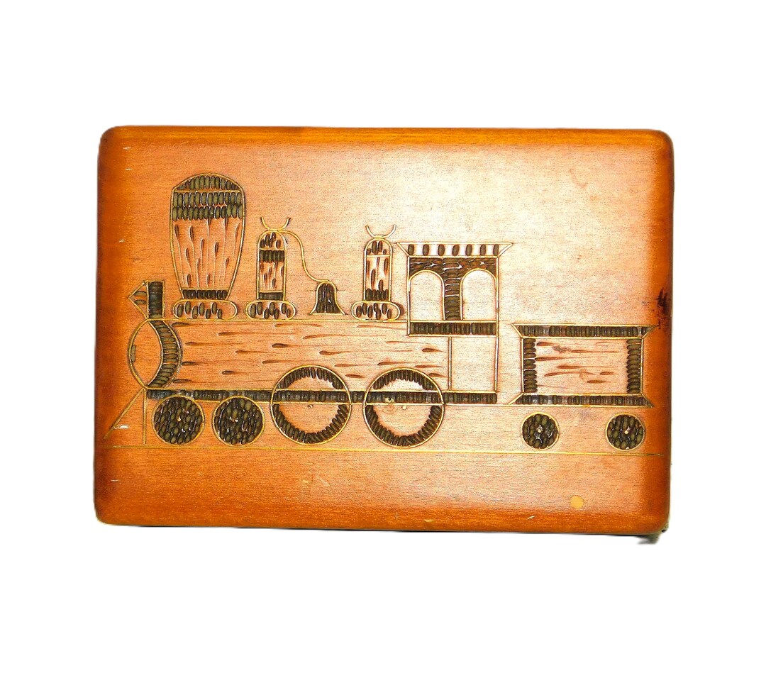 Vintage Wooden Box W/ Carved Train & Inlaid Gold Wire Details ~ Desk ...