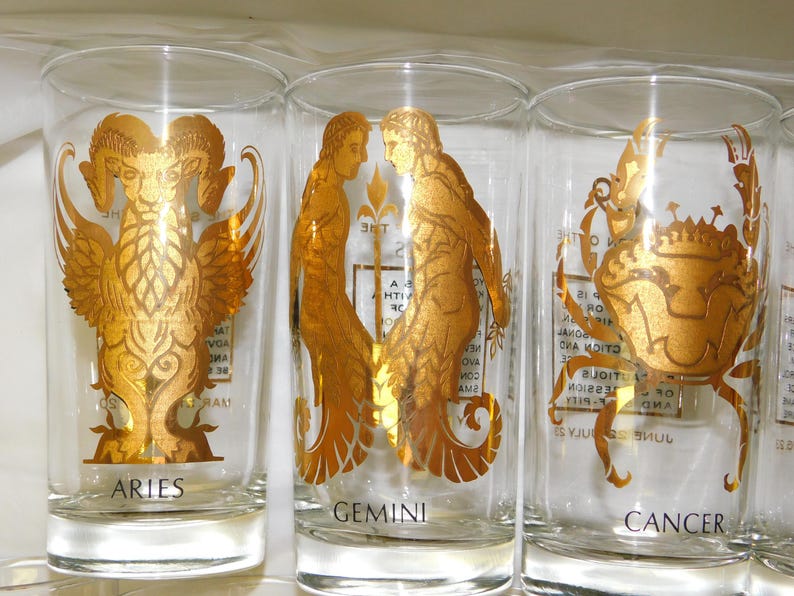 CHOICE Glass Anchor Hocking MCM Gold Encrusted Bar Astrology Cocktail ...