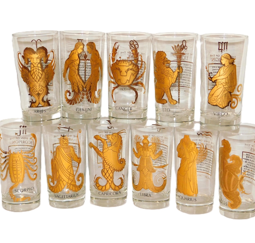 CHOICE Glass Anchor Hocking MCM Gold Encrusted Bar Astrology Cocktail ...