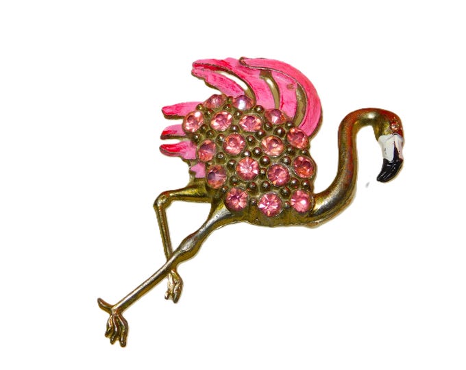 Vintage Flamingo Brooch: Pink Rhinestone Enamel Gold Tone Pin - Etsy