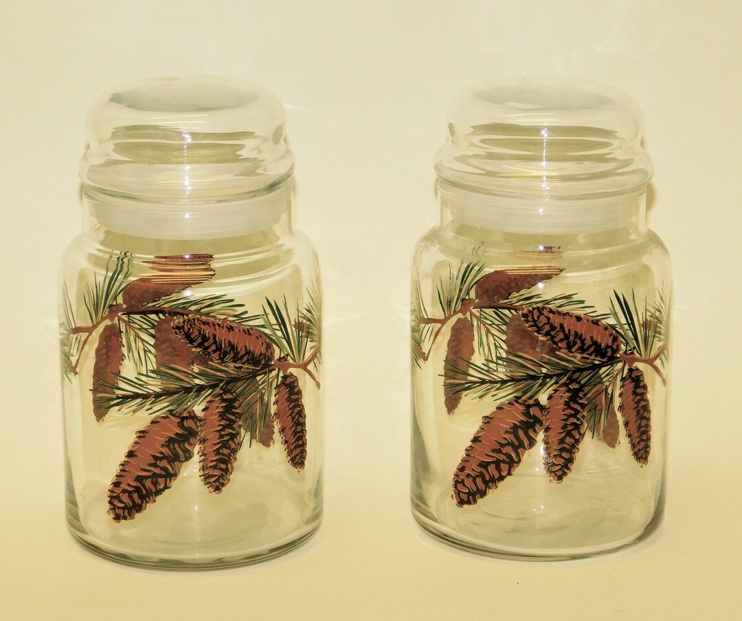 2 Vintage Canisters W/ Pine Cones ~ Libbey Glass Air Tight Storage Jars ...