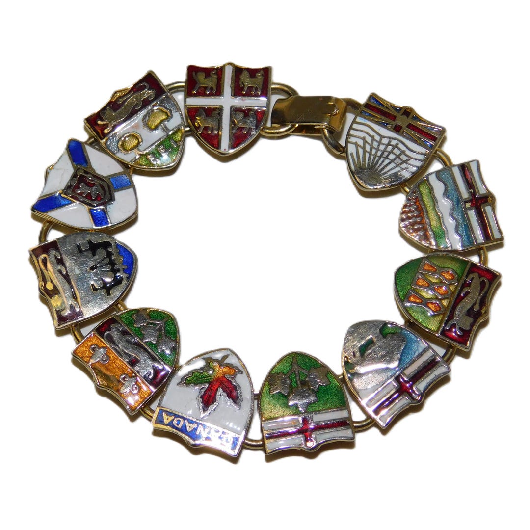 Vintage Canadian Province Shield Tourist Enamel Sterling Bracelet Names ...