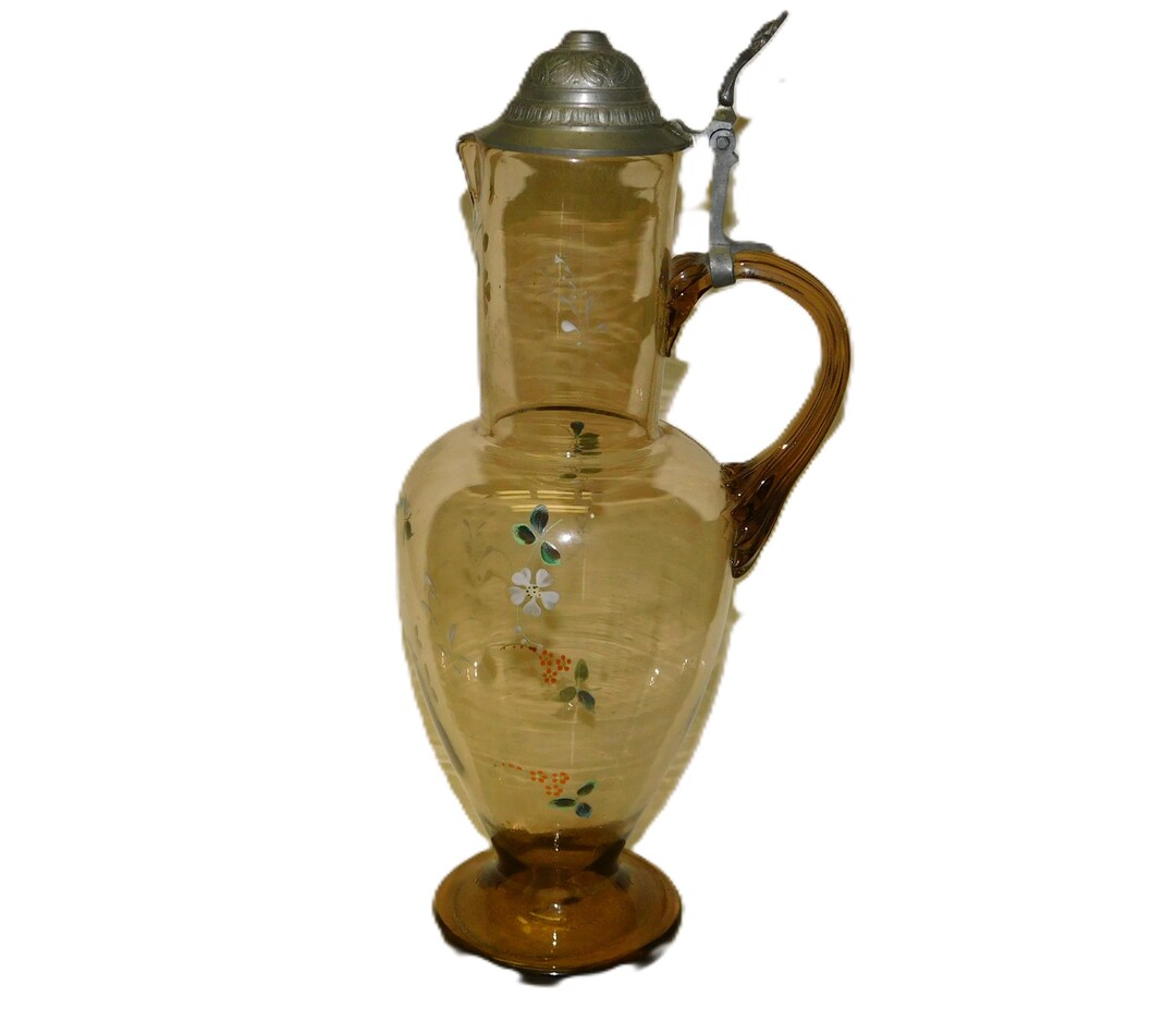 Huge 14" Antique Blown Glass Bohemian Pitcher: Smoky Amber Beer ...