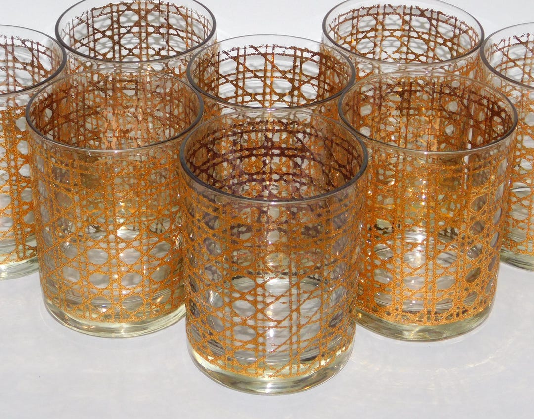 Mid Century GOLD Encrusted Cane Pattern 12 Oz Cocktail Glass Barware ...