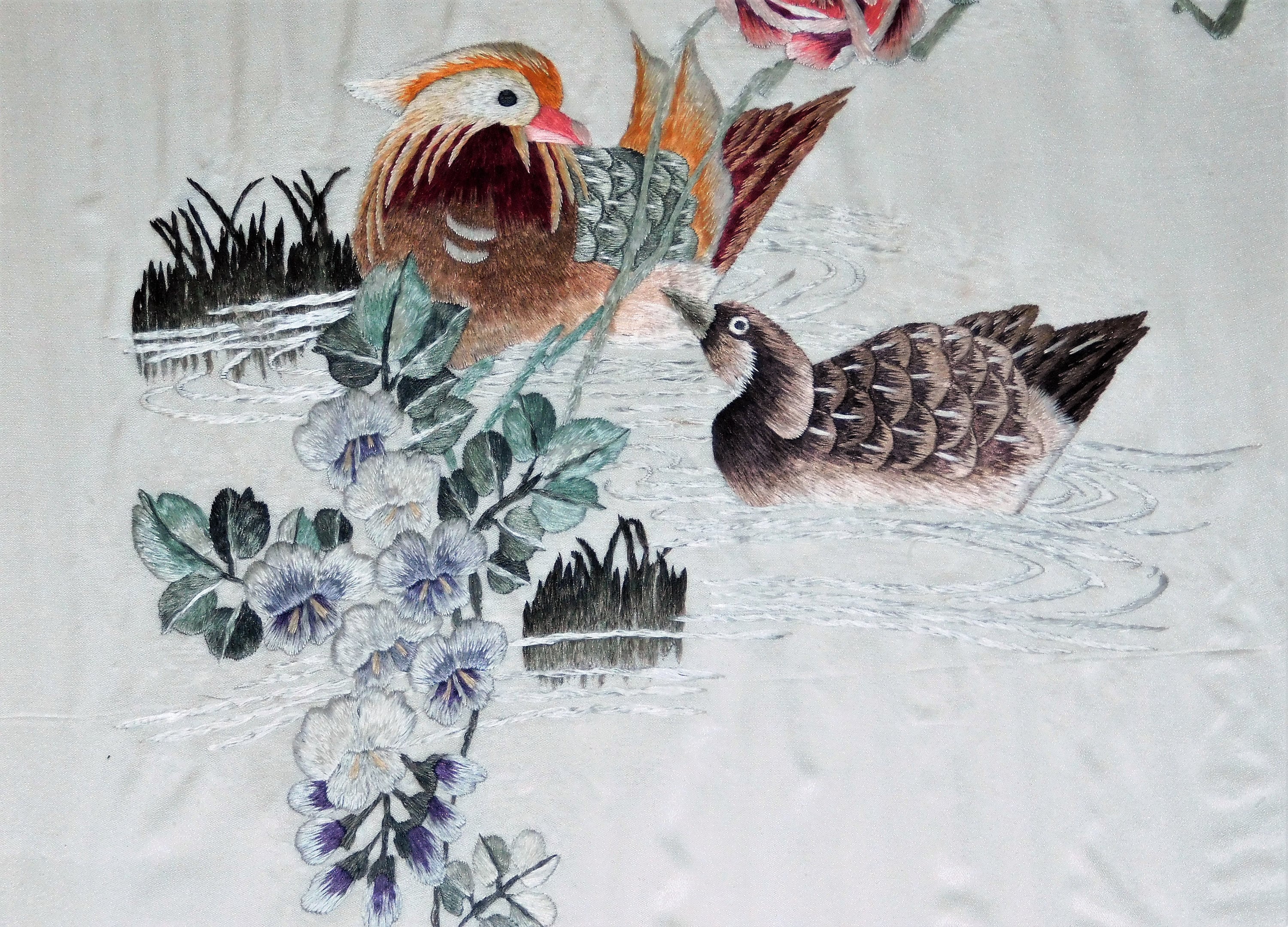 Large Silk Embroidery Mandarin Ducks in Pond SIGNED & | Etsy