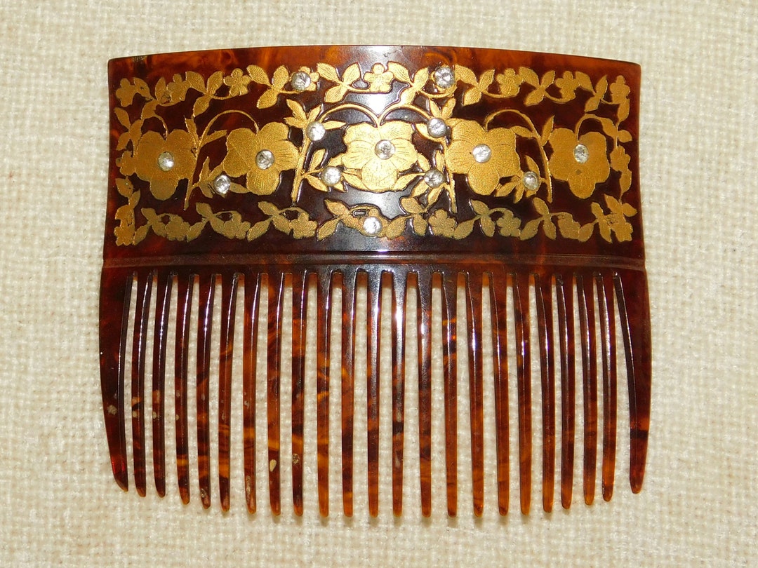 Vintage Faux Tortoise Shell Mid Century Hair Comb Gold & Rhinestones ...