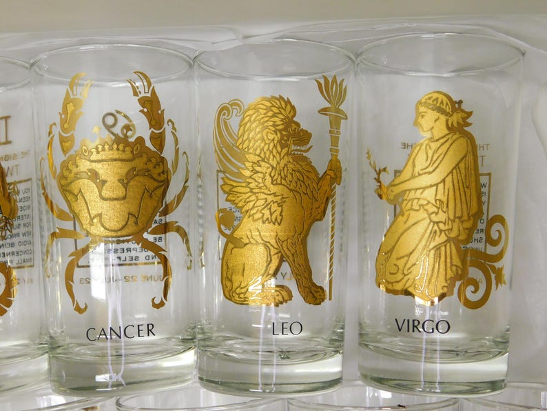 CHOICE Glass Anchor Hocking MCM Gold Encrusted Bar Astrology Cocktail ...