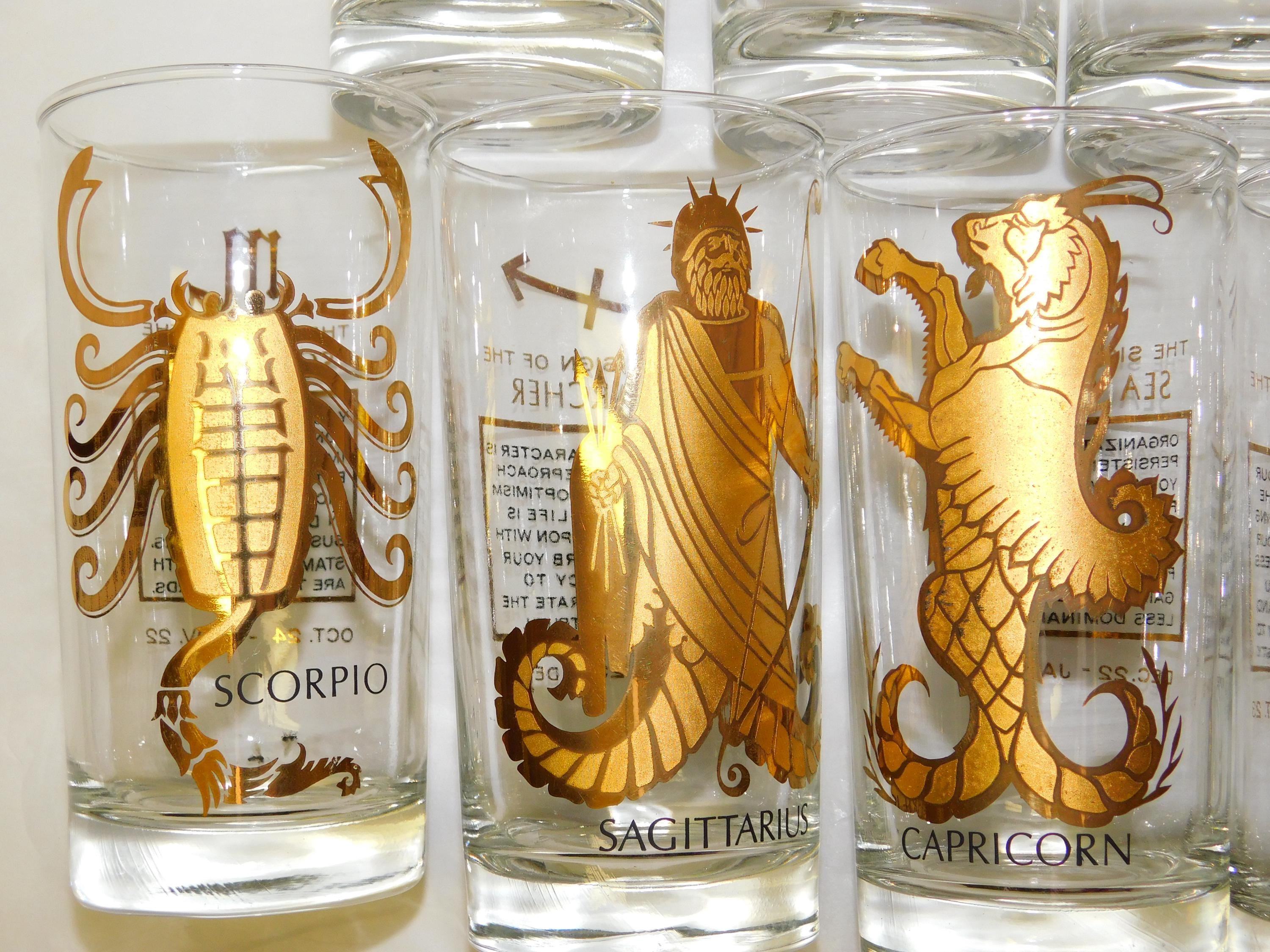 CHOICE Glass Anchor Hocking MCM Gold Encrusted Bar Astrology Cocktail ...