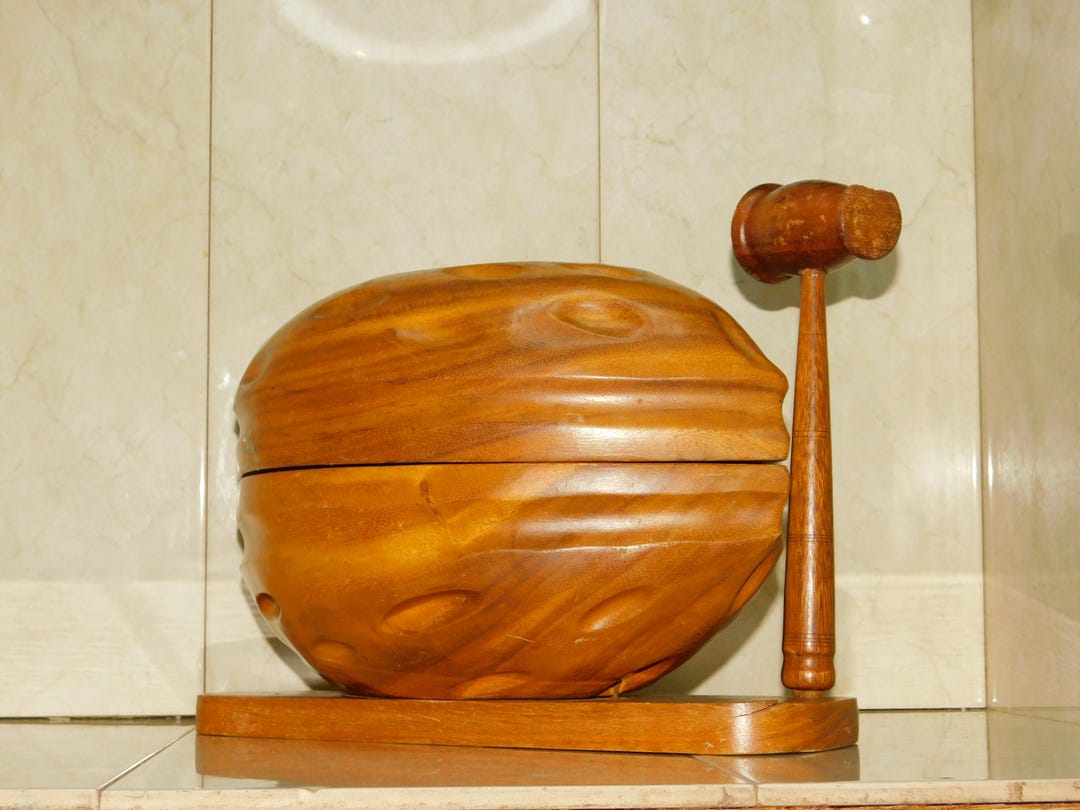 Huge Carved Wood WALNUT Shaped NUT DISH W/ Mallet ~ Rustic Christmas ...