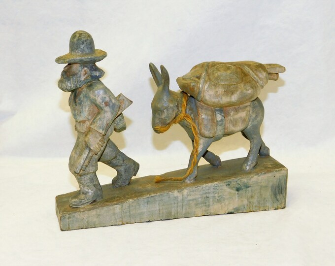 Vintage Prospector & Donkey Carved Wood Sculpture Art ~ 1934 Carving ...