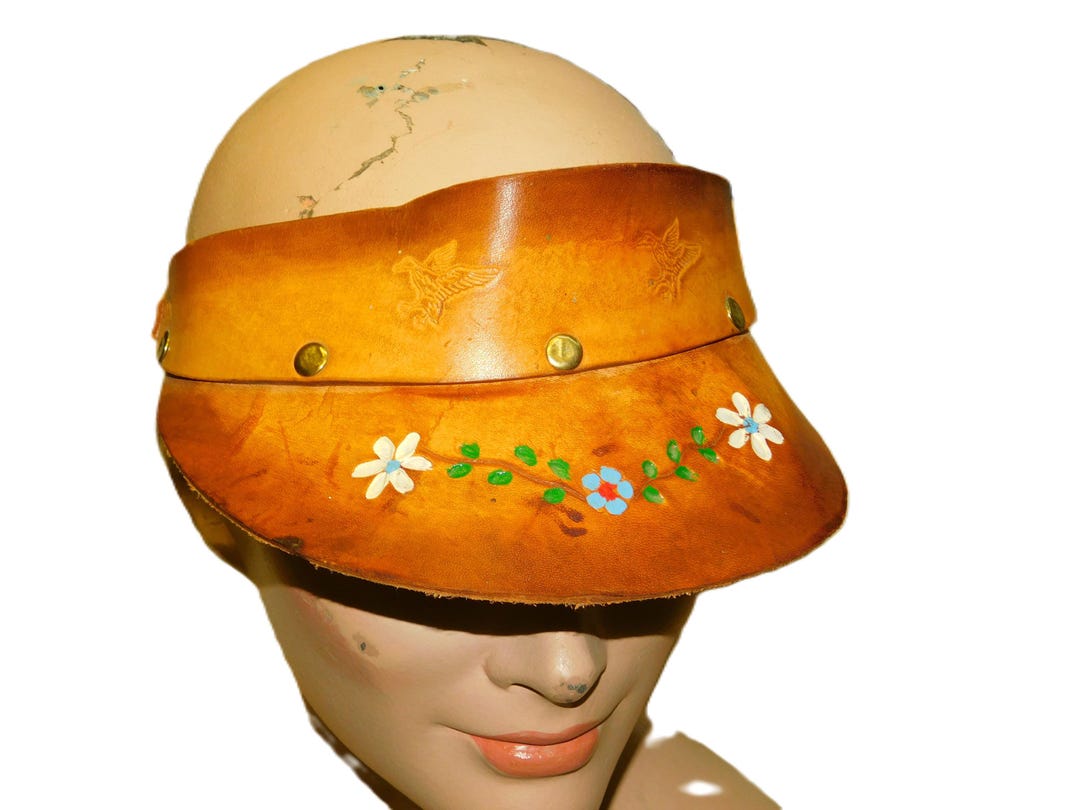 Vintage Tooled Leather Sun Visor Cape W/ Hand Painted Flowers ~ Retro ...