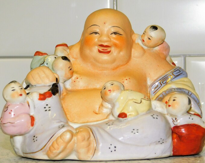 Porcelain Fertility Buddha Sculpture W/ 5 Children ~ Chinese Happy ...