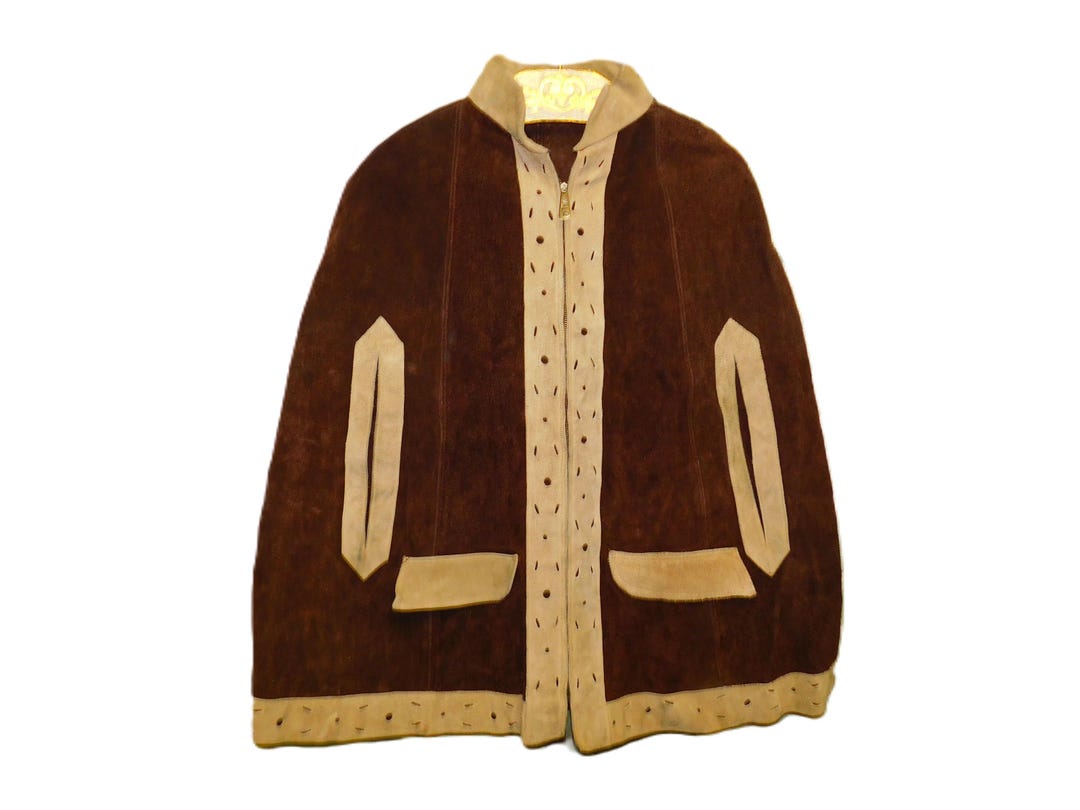 Retro Brown & Tan Suede Leather Poncho 60s 70s Boho Hippie Jacket ...