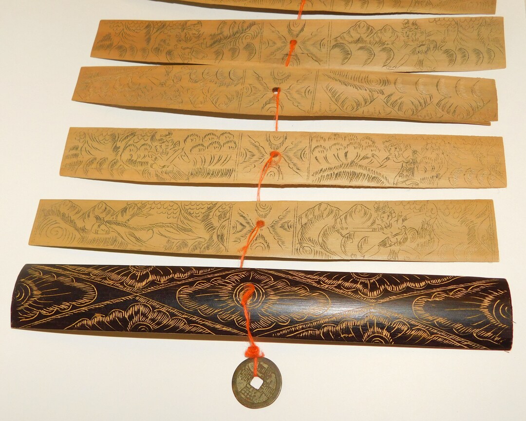 Antique Palm Leaf Lontar Manuscript 8 Pg Hand Etched Wood Covers 19C ...