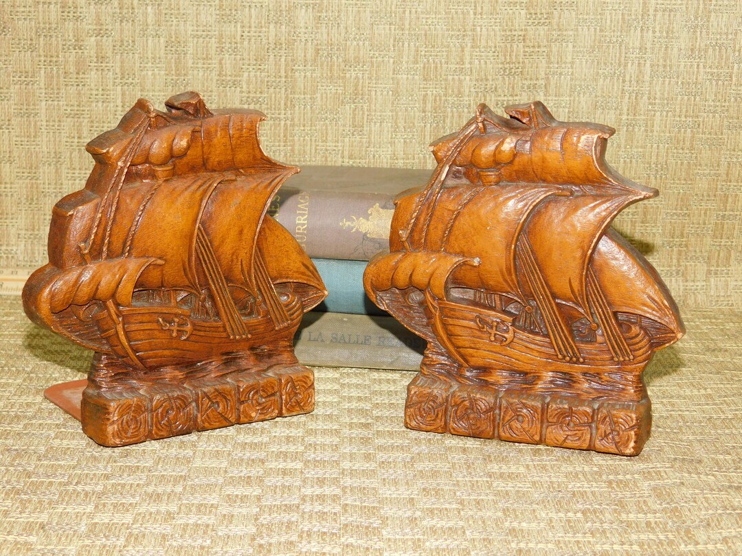 Syroco Sailing Ship Schooner Bookends Mid Century MCM Vintage 1950’s Composition WOOD BOOKENDS ...