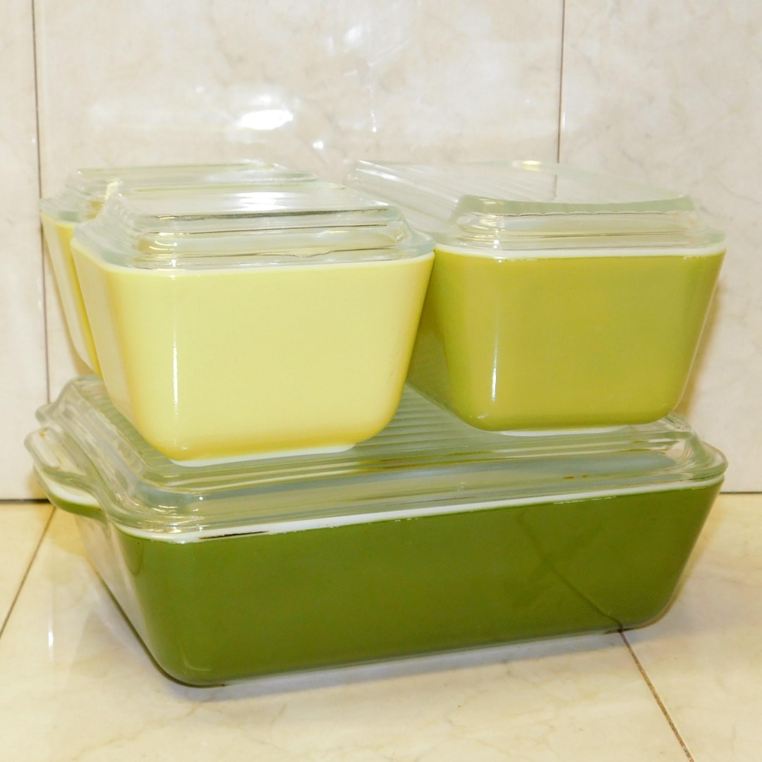 1960's RETRO GREEN Set Glass PYREX Verde Refrigerator Dish Set Complete ...