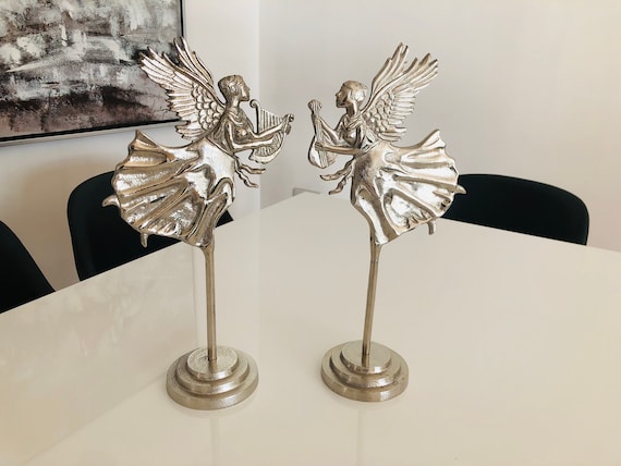 Two Piece Set of Angels on Stands Sculptures Silver Aluminium - Etsy