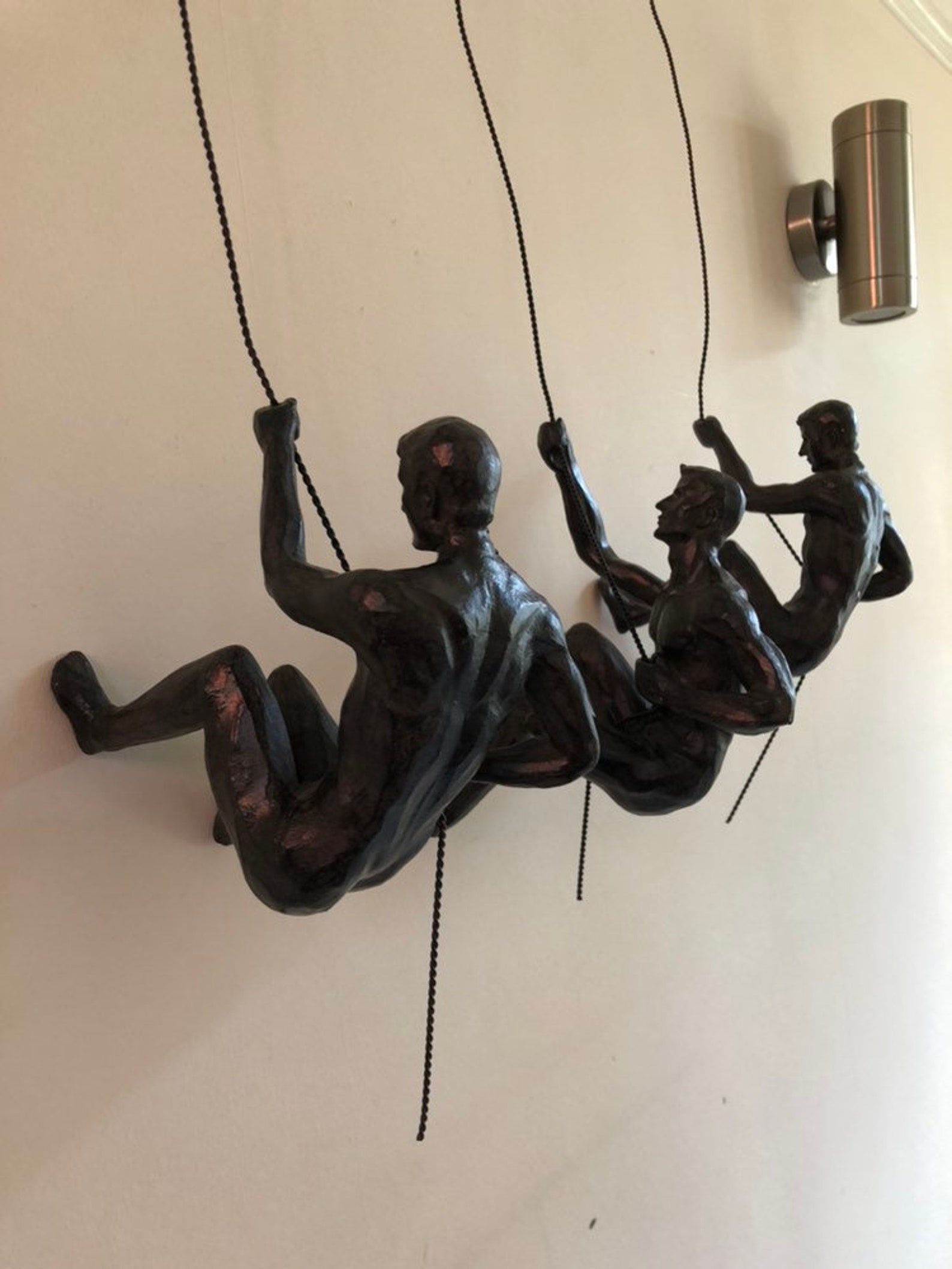 Large Bronze Colour Climbing Abseiling Man Hanging on Wire With Left ...
