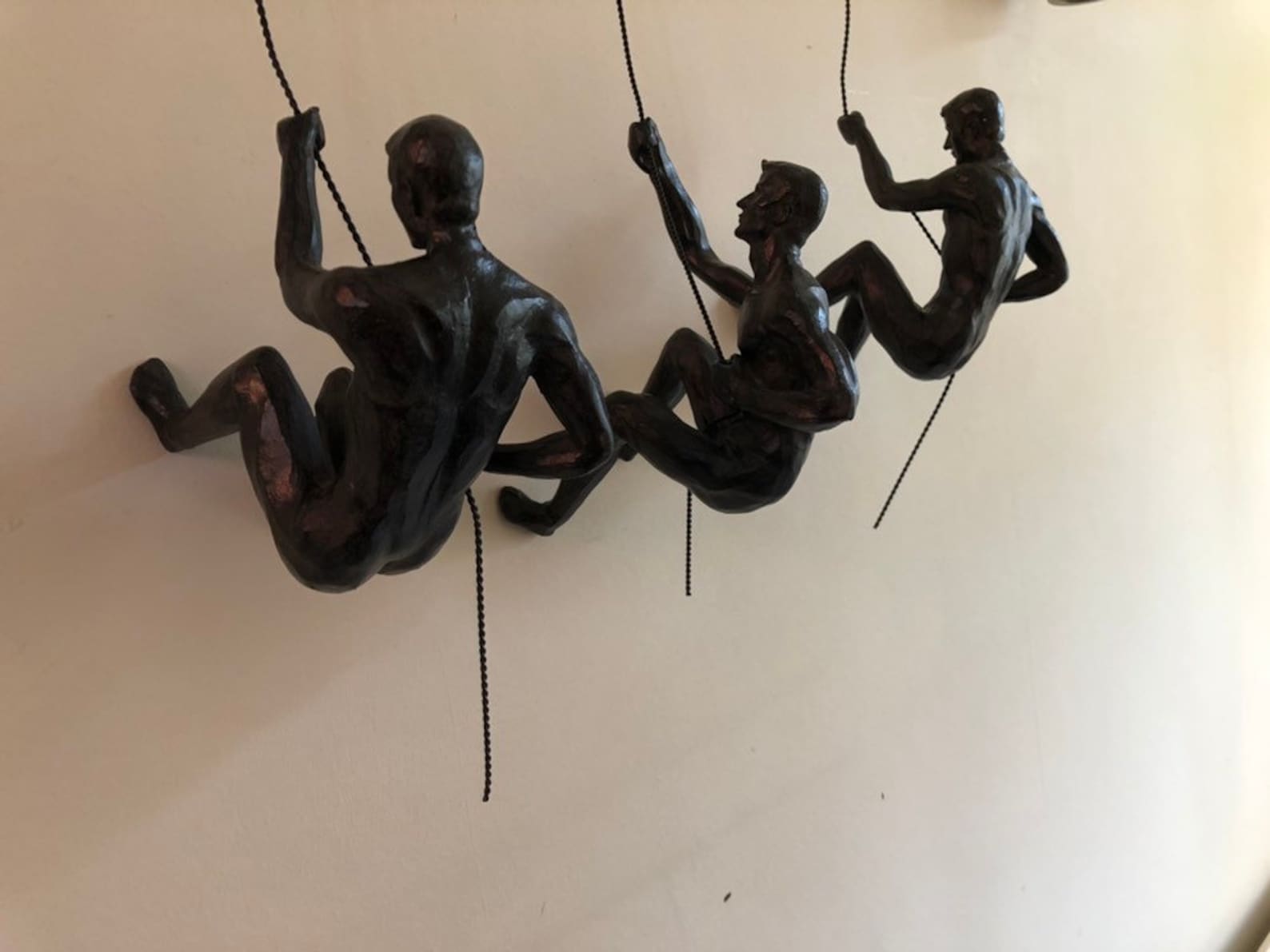 Large Bronze Colour Climbing Abseiling Man Hanging on Wire With Left ...