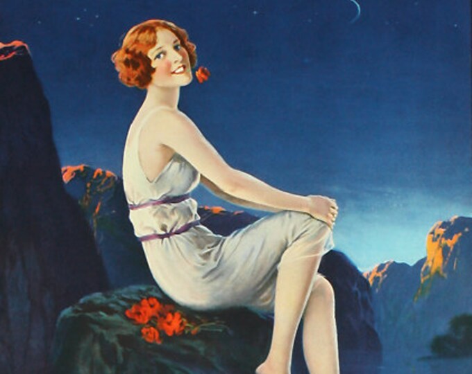 Vintage 1930s Art Deco Pin Up Poster Gorgeous Moonlit Flapper Etsy