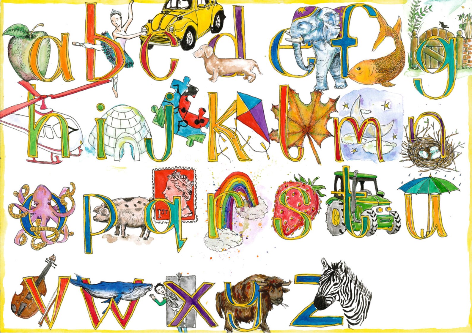 A4 Children's Illustrated Alphabet Watercolour Print - Etsy