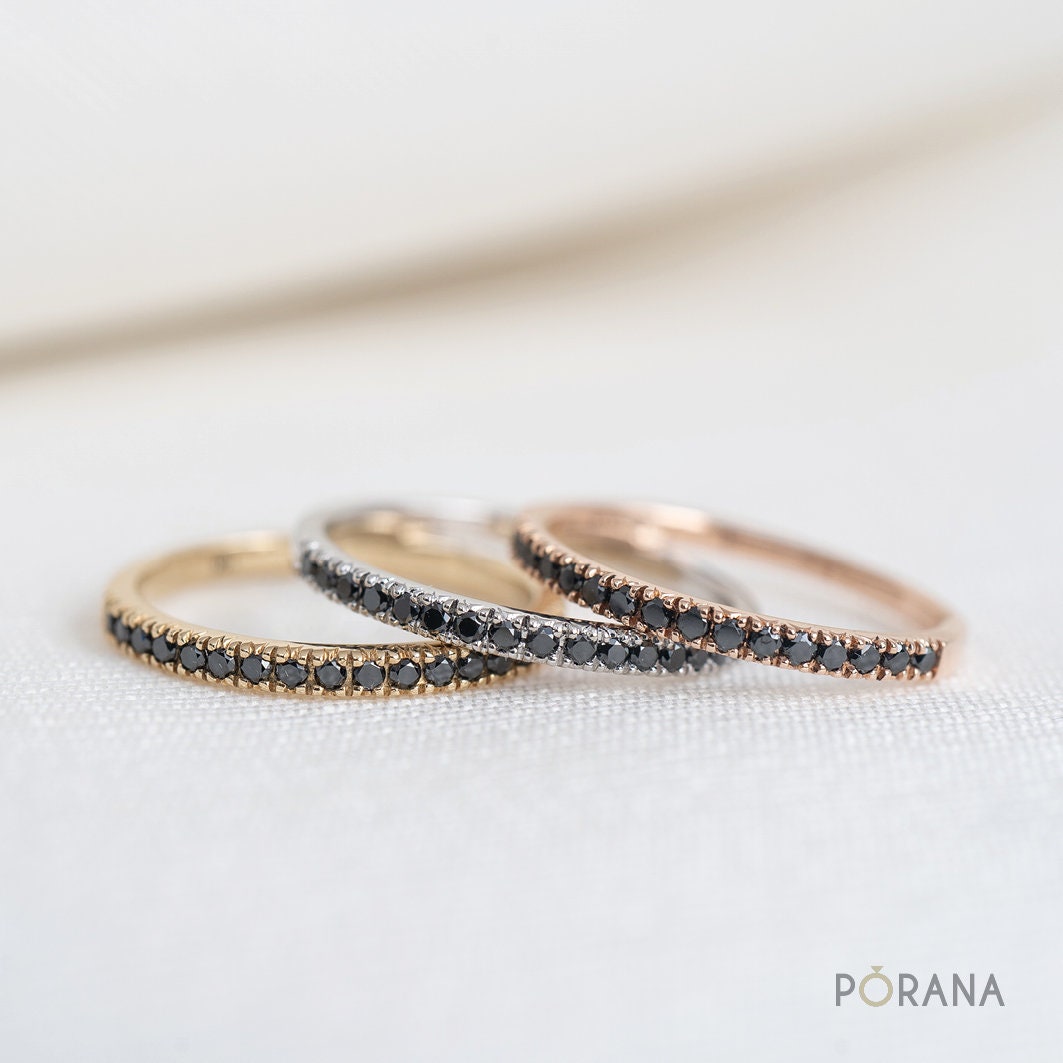 French Pave Black Diamond Band Ring in 14K/18K Solid | Etsy