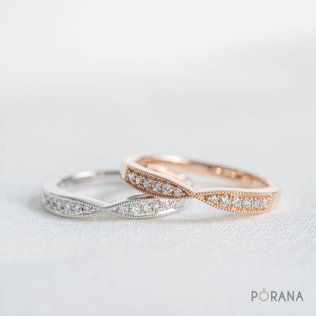 Tapered Diamond Wedding Band, 14K Gold and Platinum Stacking Ring - Etsy
