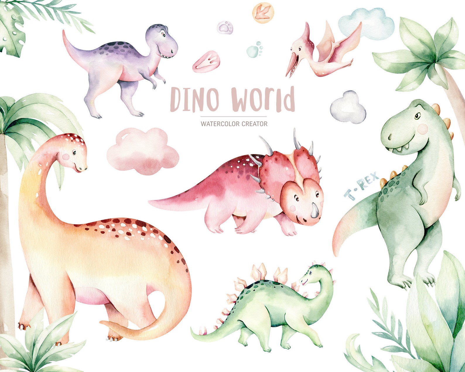 Dinosaur Watercolor Clipart Graphics Dino Clip Art T Rex | Etsy