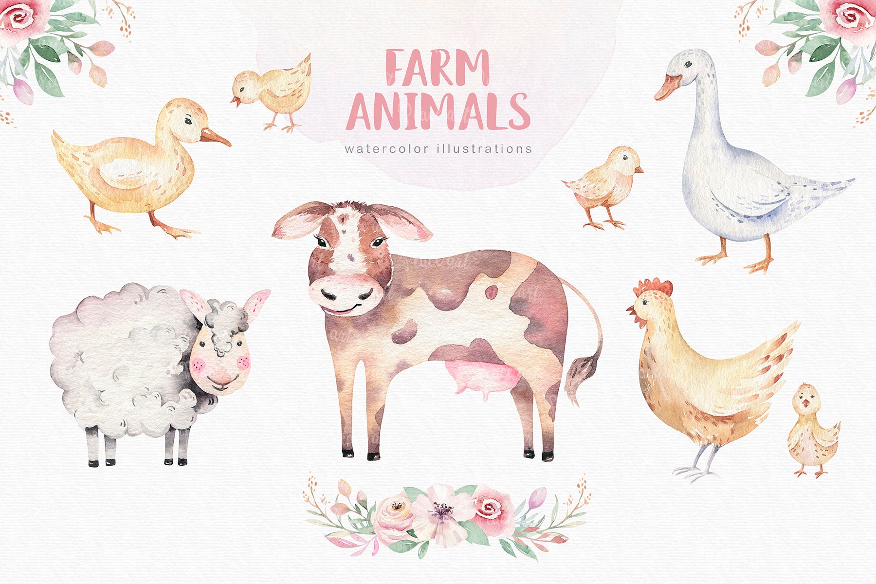 Watercolor farm animals clipart. Farms kids animal set. cute | Etsy