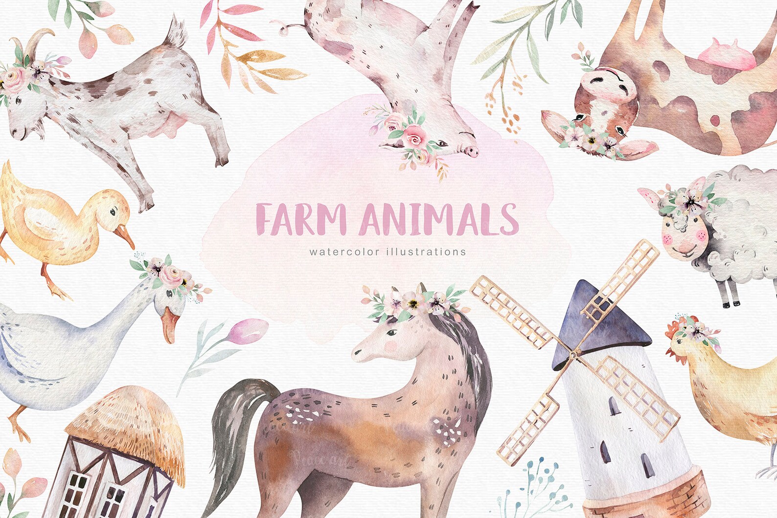 Watercolor farm animals clipart. Farms kids animal set. cute | Etsy