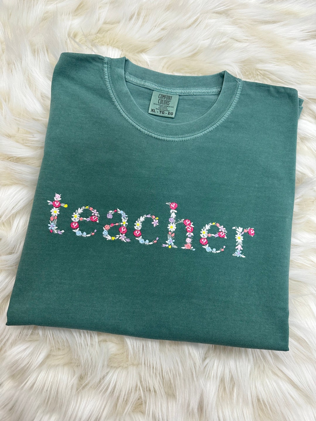 Comfort Colors Teacher Multi Color Embroidered Floral Short Sleeve ...