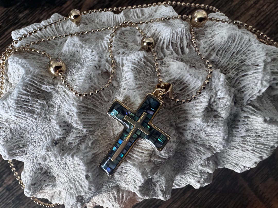 Stained Glass Style Abalone Shell Gold Colored Cross Pendant Necklace ...