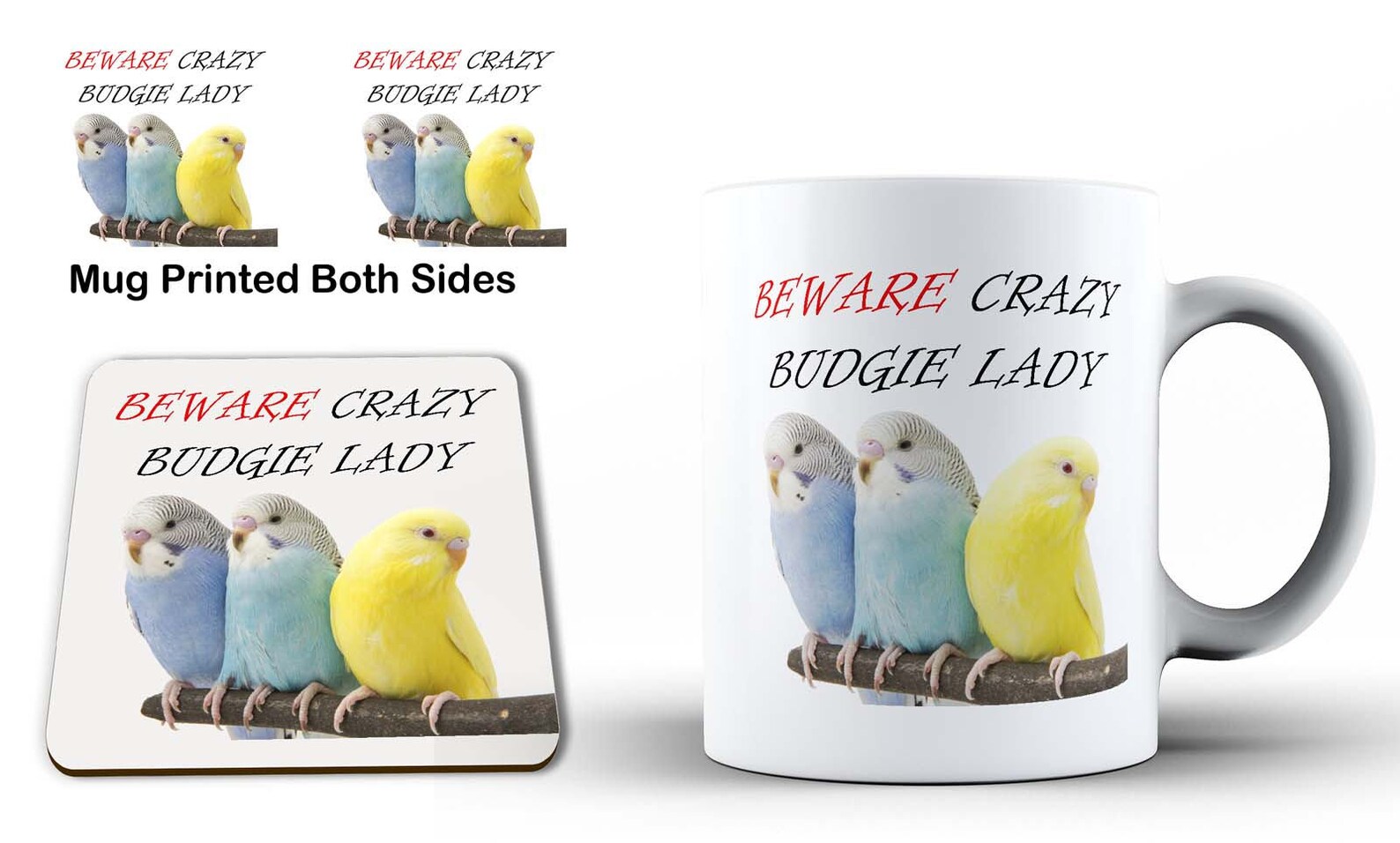 Crazy Budgie Lady Mug & Coaster Set Mum Mom Gran Sister Wife Girlfriend Birthday, Funny Coffee ...