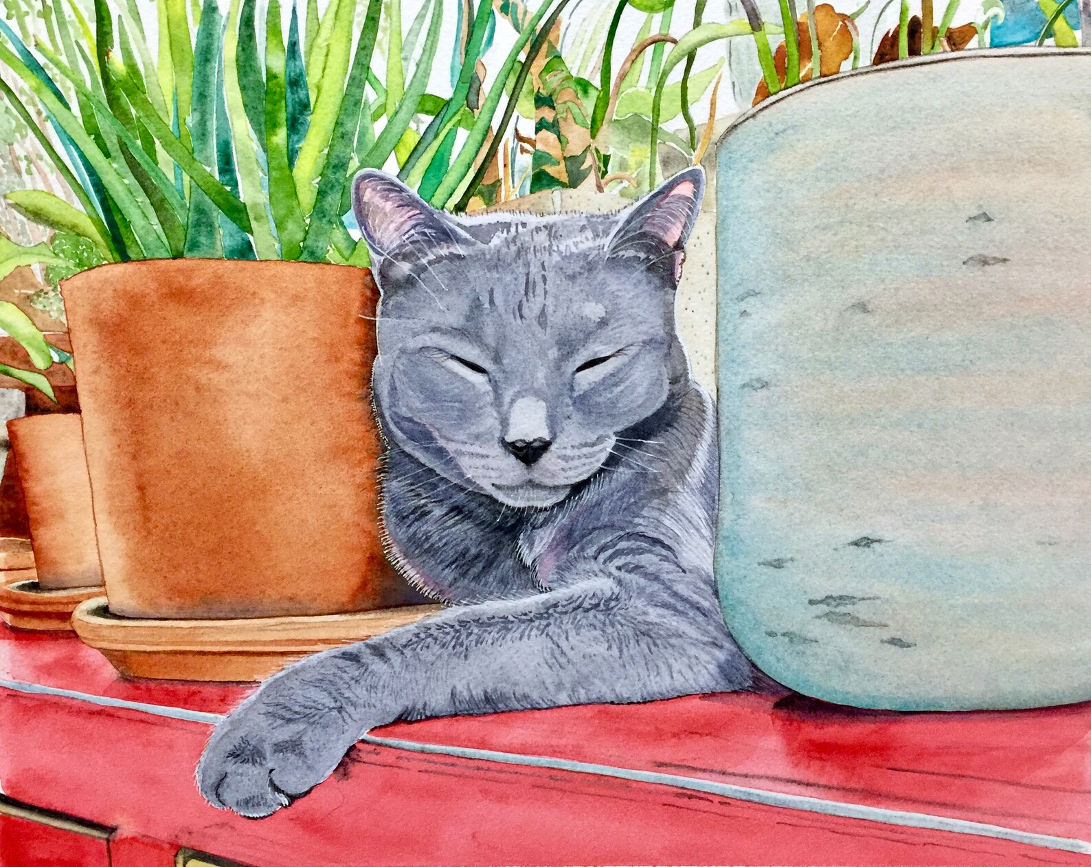 Cat in Plants Watercolor Cat With Plants Print Reproduction - Etsy