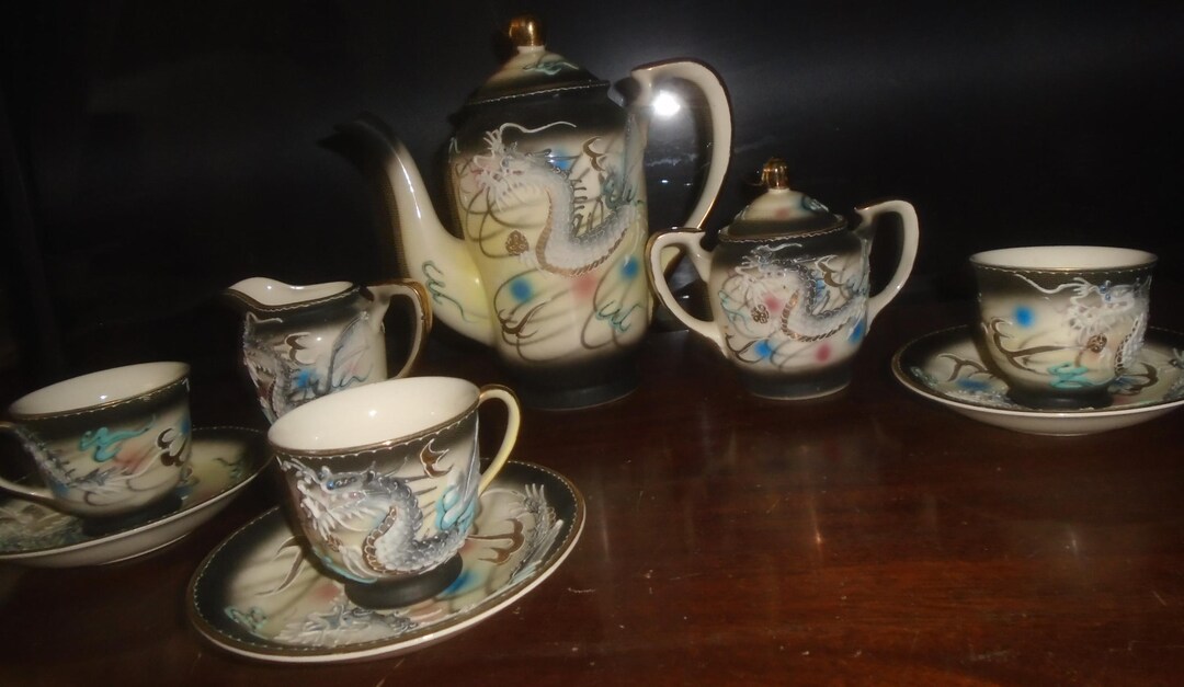 Vintage Japanese Dragon Ware Tea Set Japan Demitasse Moriage W/ Gold ...